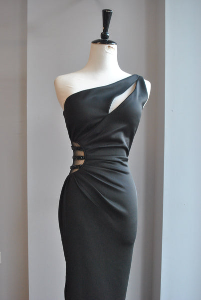 BLACK SIMPLE ONE SHOULDER LONG EVENING GOWN WITH SIDE SLIP – Le ...